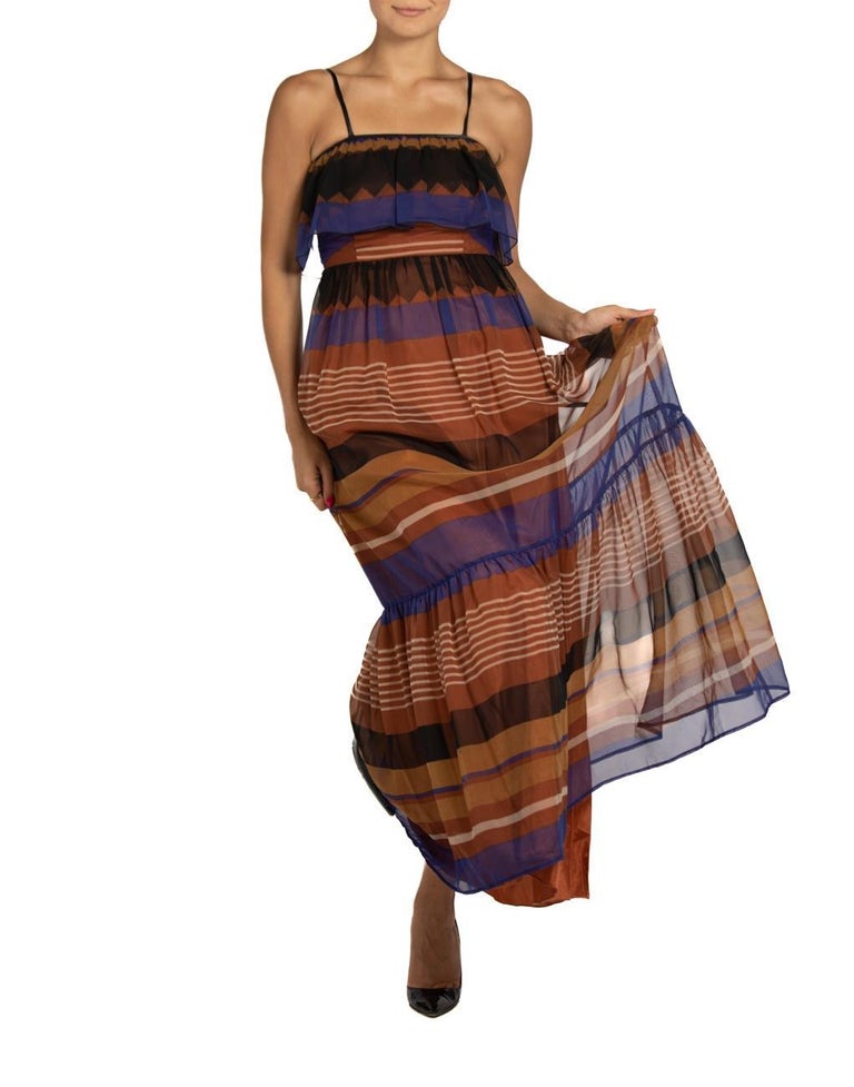 1970S Blue and Brown Polyester Chiffon Geometric Print Dress For Sale ...
