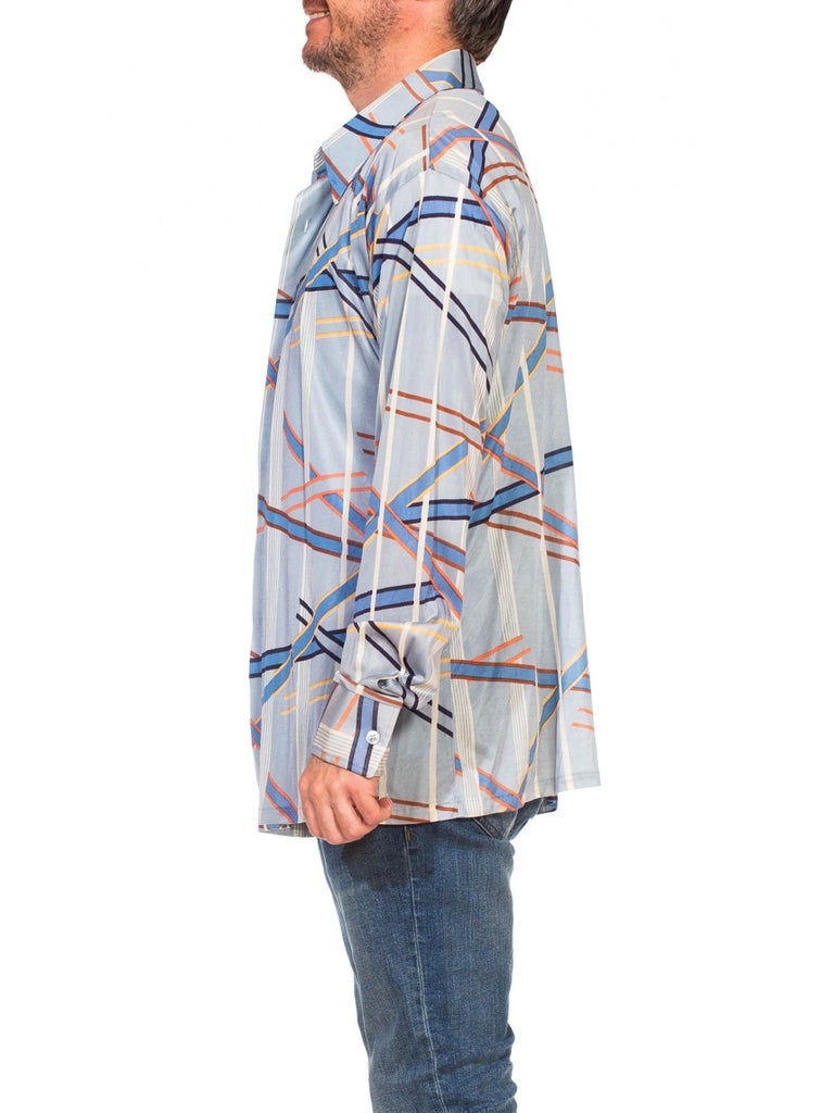 1970S Blue Polyester Tricot Jersey Men's Long Sleeve Geometric Disco ...