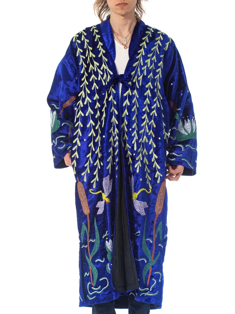 1970S Blue Velvet Duster Embroidered With Magical Magician Tree and ...