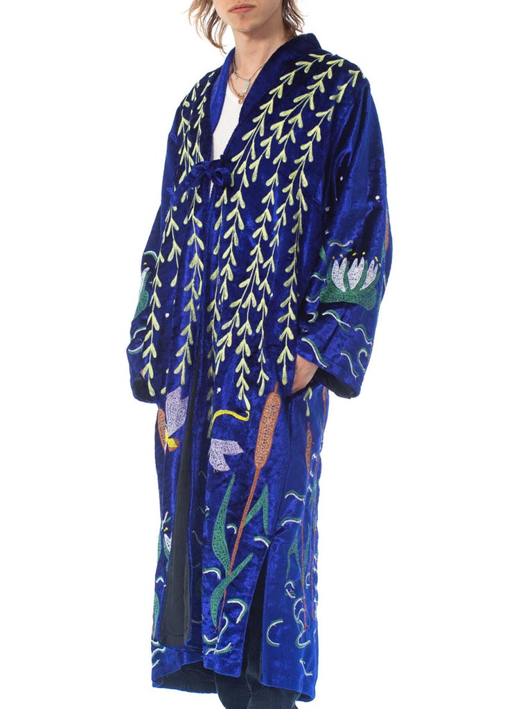 1970S Blue Velvet Duster Embroidered With Magical Magician Tree and ...