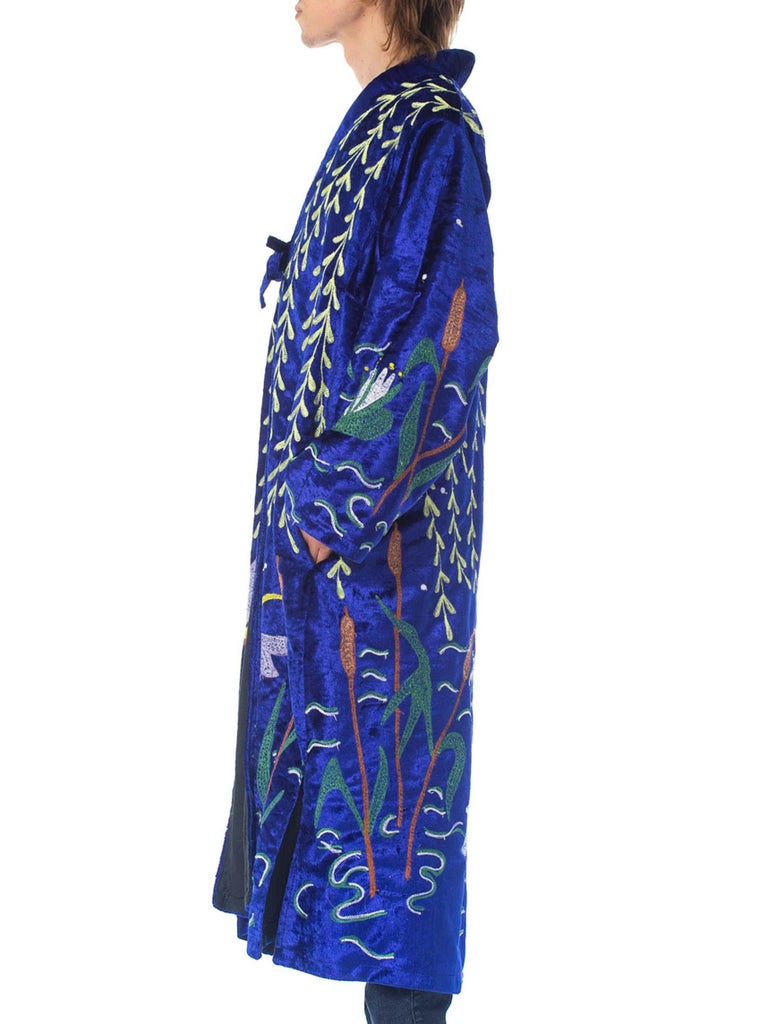 1970S Blue Velvet Duster Embroidered With Magical Magician Tree and ...