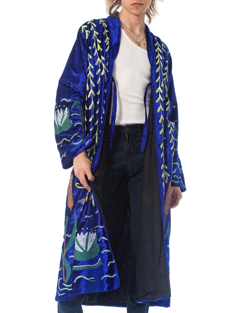 1970S Blue Velvet Duster Embroidered With Magical Magician Tree and ...