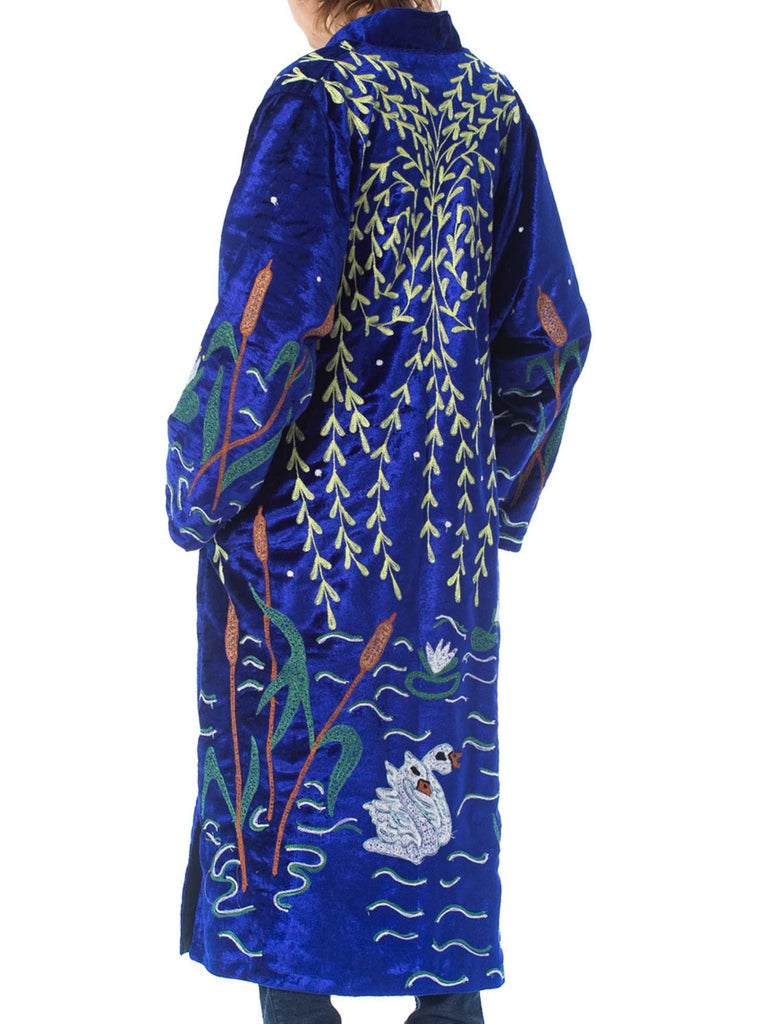 1970S Blue Velvet Duster Embroidered With Magical Magician Tree and ...