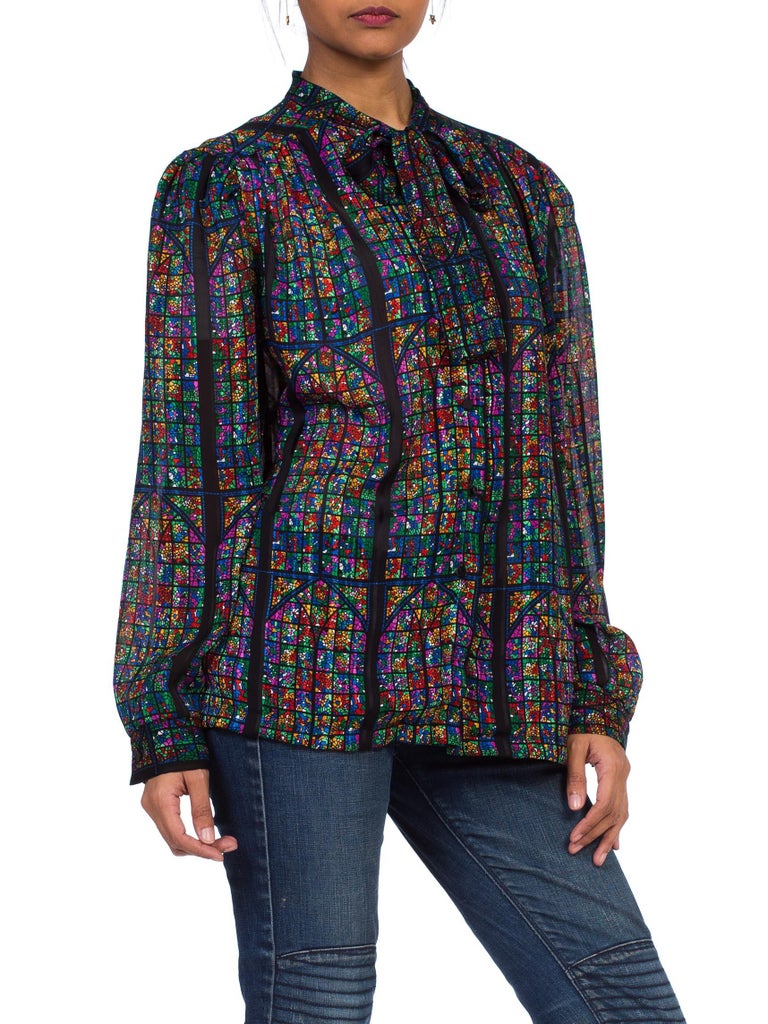 1970s Boho Bow-Neck Stained Glass Window Blouse at 1stDibs