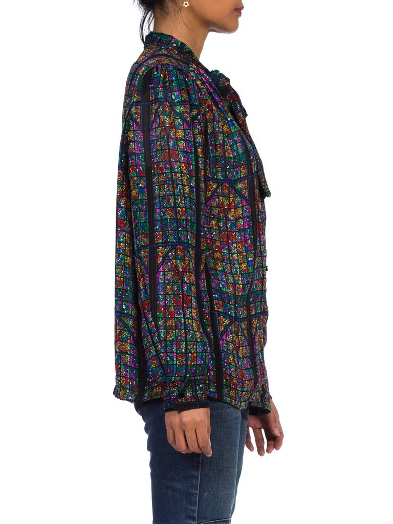 1970s Boho Bow-Neck Stained Glass Window Blouse at 1stDibs