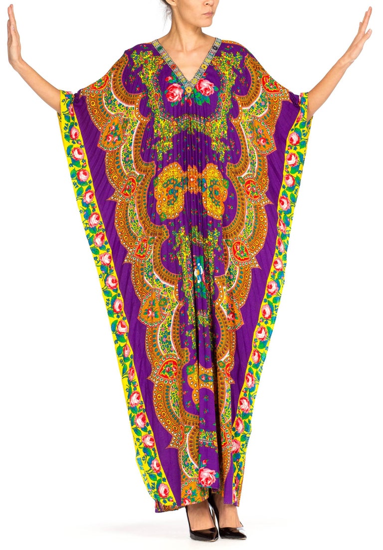 Boho Floral Paisley Kaftan with Ribbon Mirror Trim, 1970s at 1stDibs