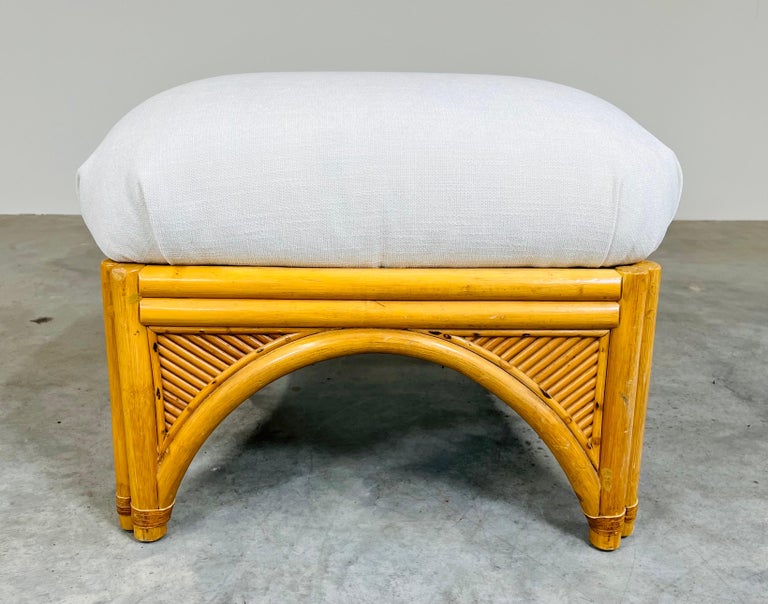 1970s Boho Rattan Bamboo Pouf Ottoman Having Fresh Upholstery And ...