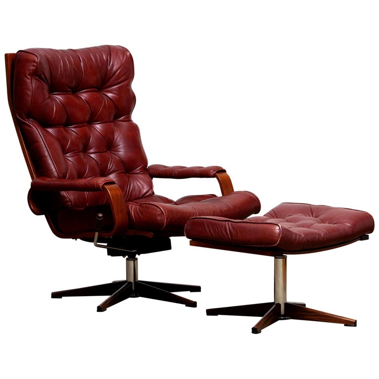 1970s, Bordeaux / Brown Rocking Swivel Lounge / Easy Chair and Ottoman ...
