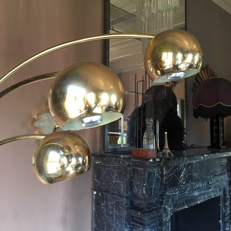 1970s Brass Arc Design Lamp with Three Lights in Spherical Lampshades ...