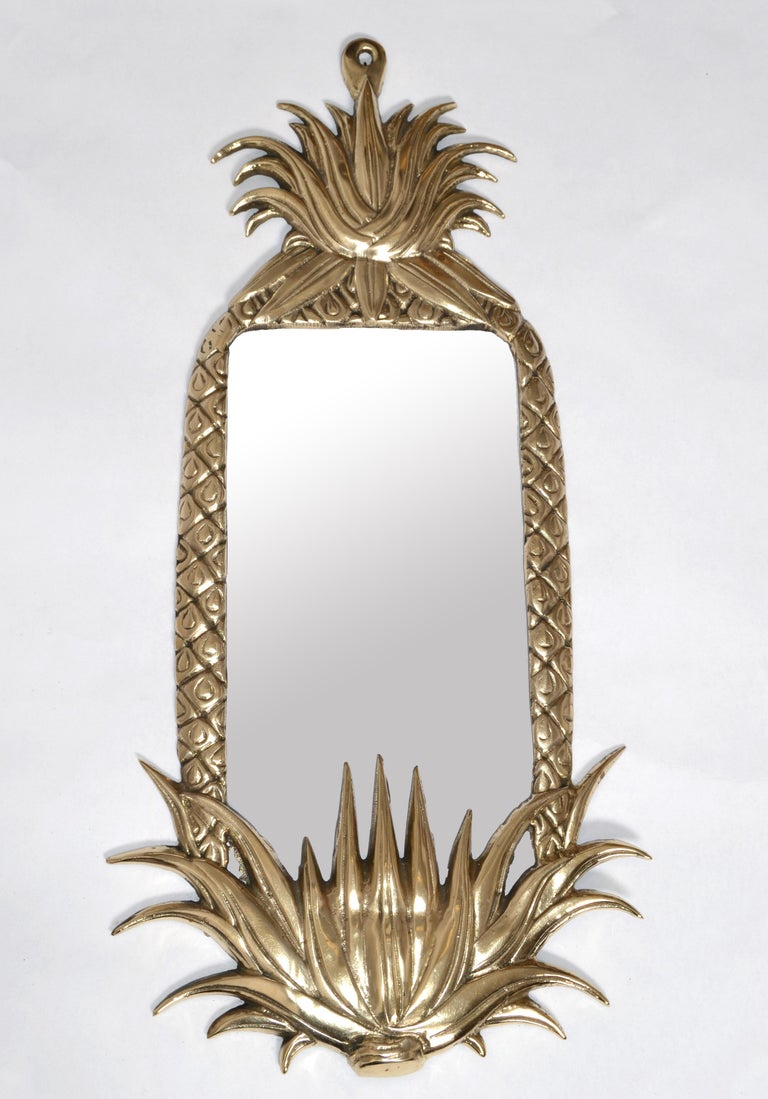1970s Brass Hand-Carved Pineapple Shaped Rectangle Wall Mirror Art Deco ...
