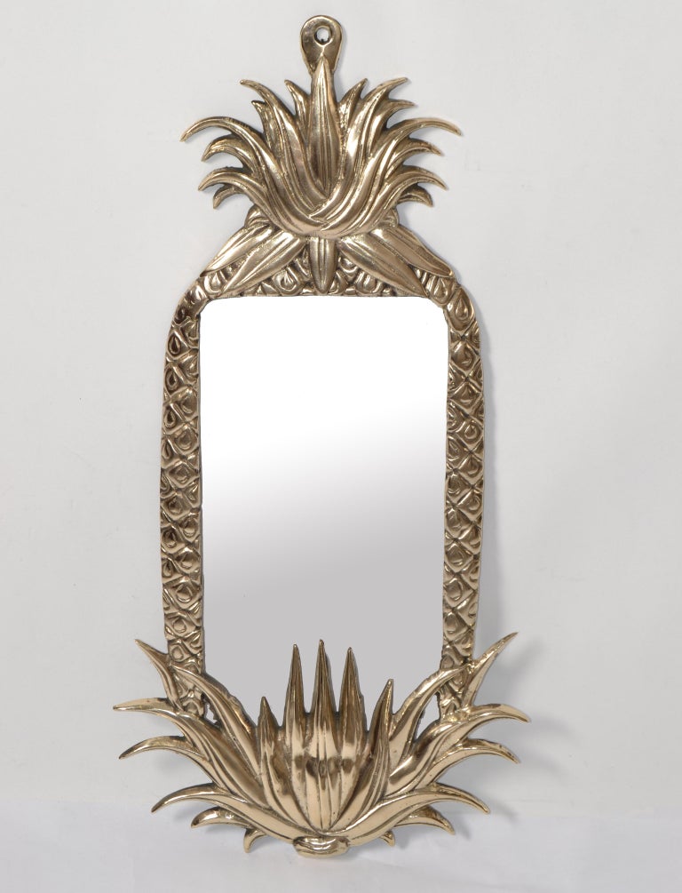 1970s Brass Hand-Carved Pineapple Shaped Rectangle Wall Mirror Art Deco ...