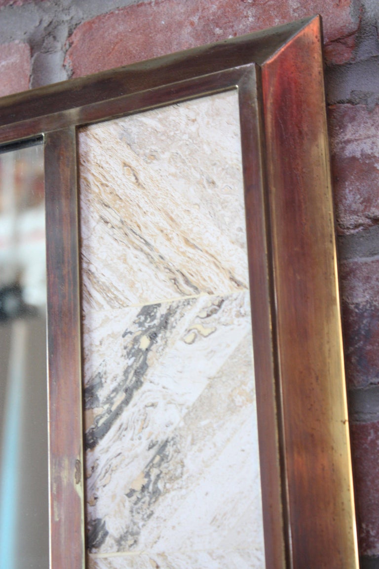 1970s Brass Mirror with Tessellated Travertine Inlay For Sale at 1stDibs