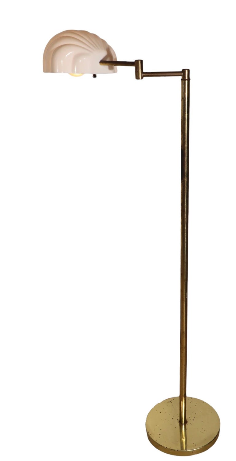 1970's Brass Swing Arm Floor Lamp with White Plastic Shell Shade For ...