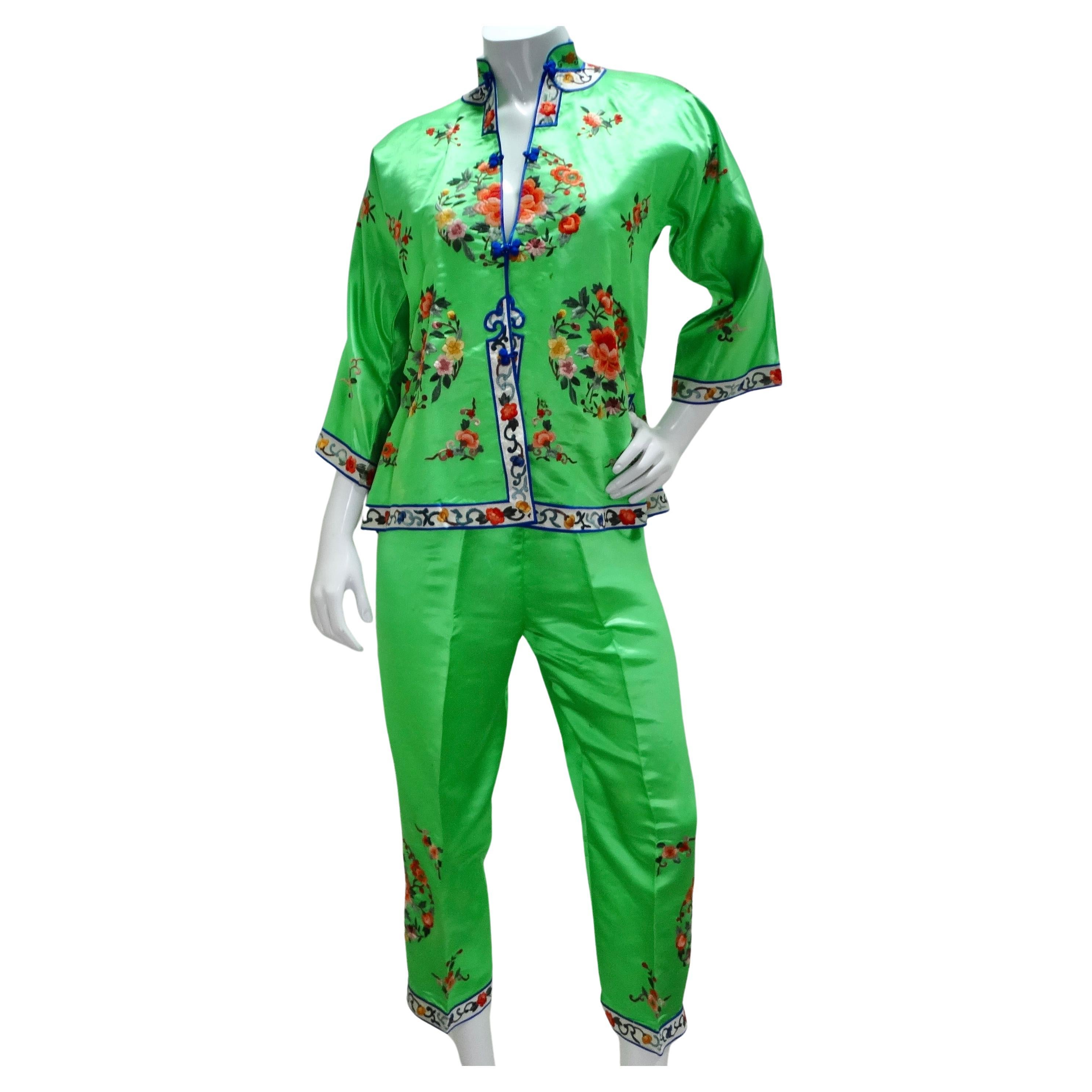 1970s Bright Green Satin Chinese Pajamas For Sale at 1stDibs