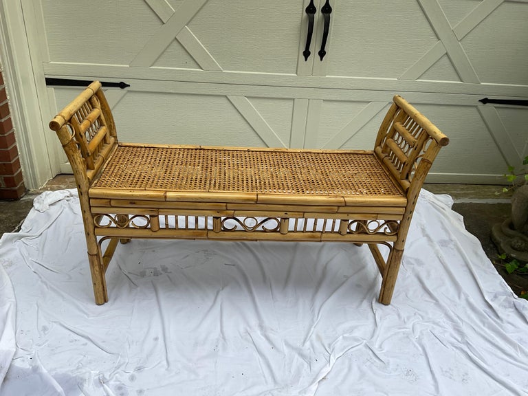 1970s Brighton Style Rattan and Cane Bench For Sale at 1stDibs