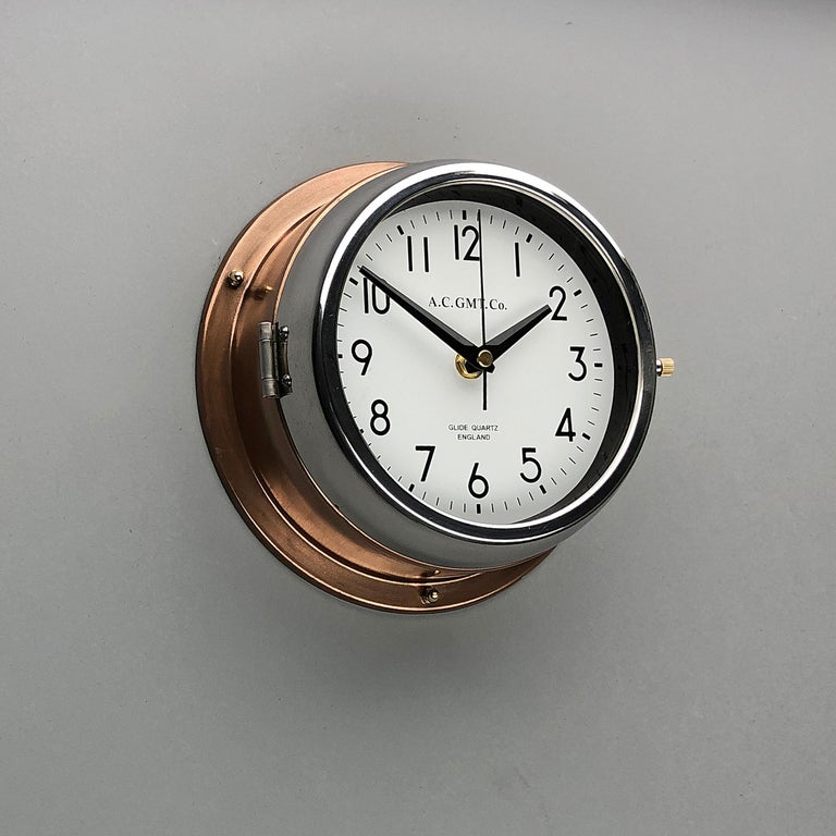 1970s British Bronze and Chrome AC GMT Co. Industrial Wall Clock White ...