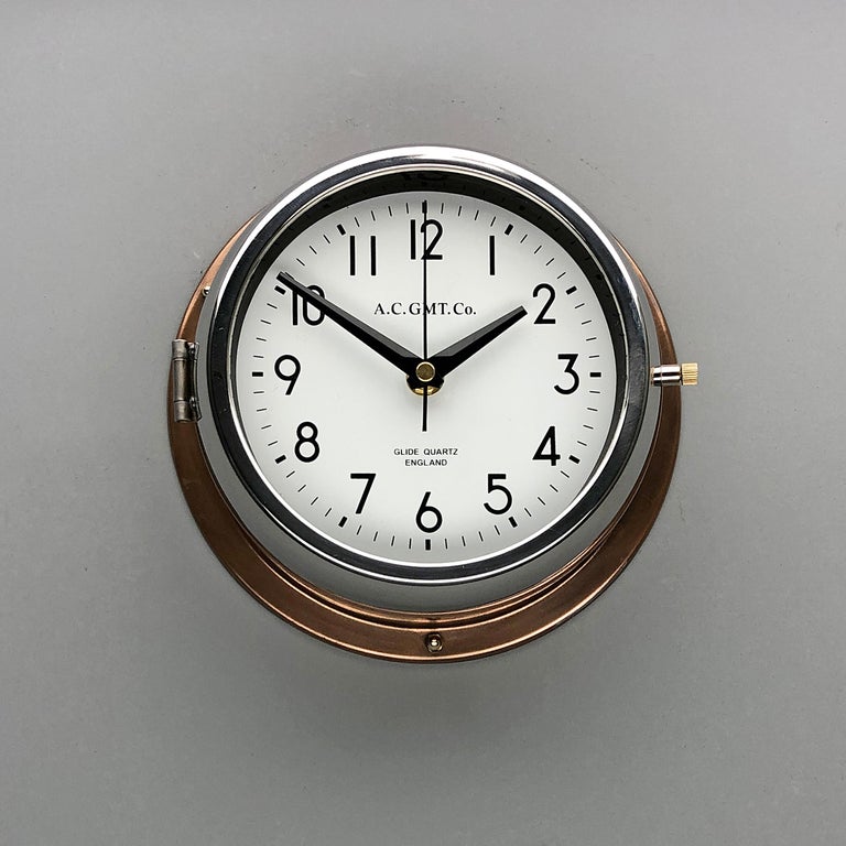 1970s British Bronze and Chrome AC GMT Co. Industrial Wall Clock White ...