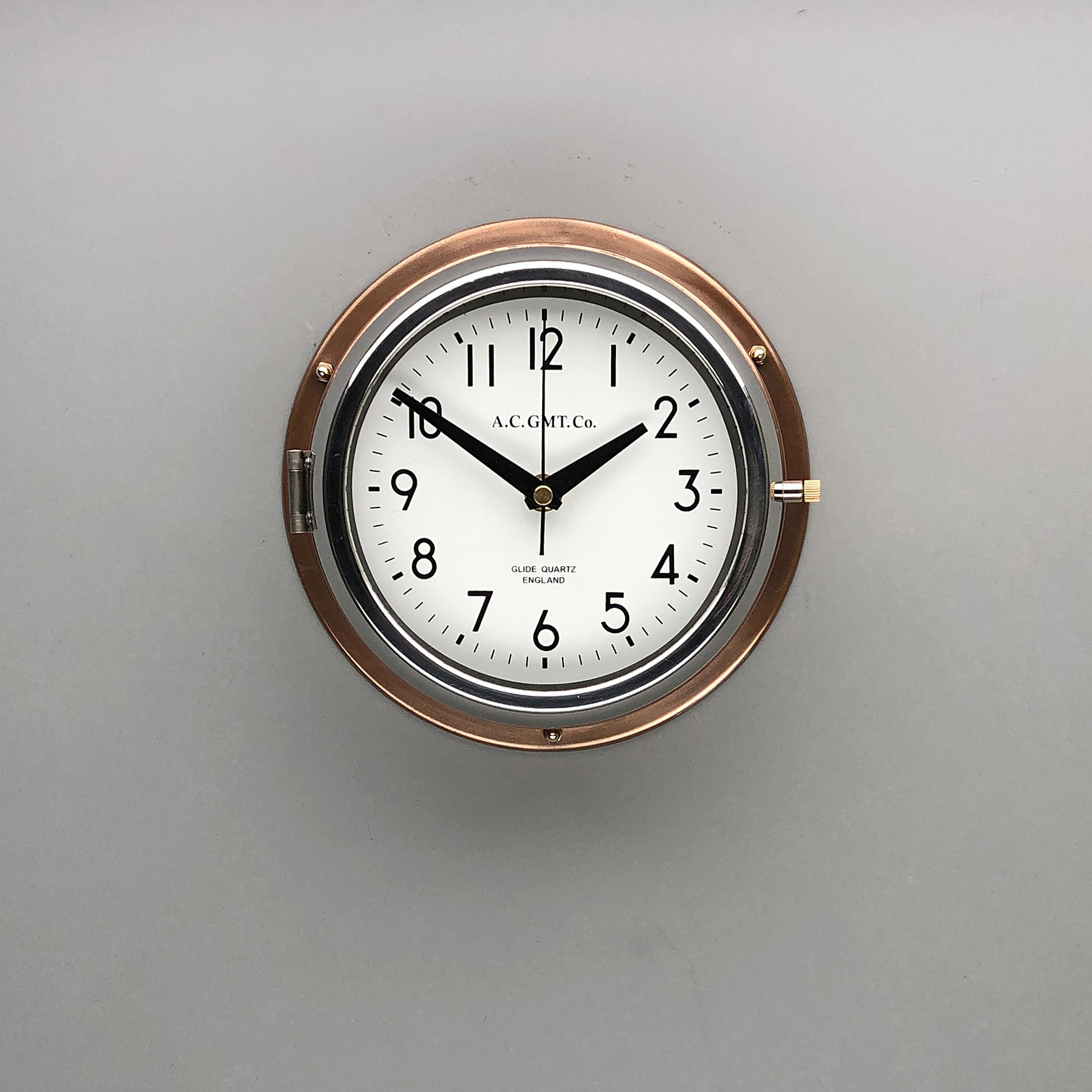 1970s British Bronze and Chrome AC GMT Co. Industrial Wall Clock White ...