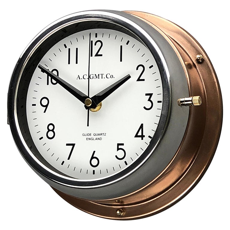 1970s British Bronze and Chrome AC GMT Co. Industrial Wall Clock White ...