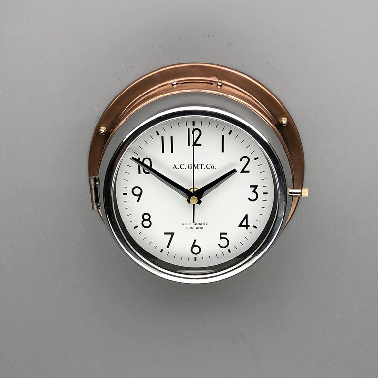 1970s British Bronze and Chrome AC GMT Co. Industrial Wall Clock White ...