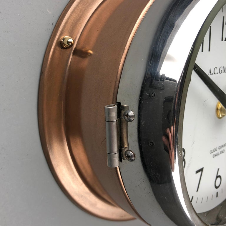 1970s British Bronze and Chrome AC GMT Co. Industrial Wall Clock White ...