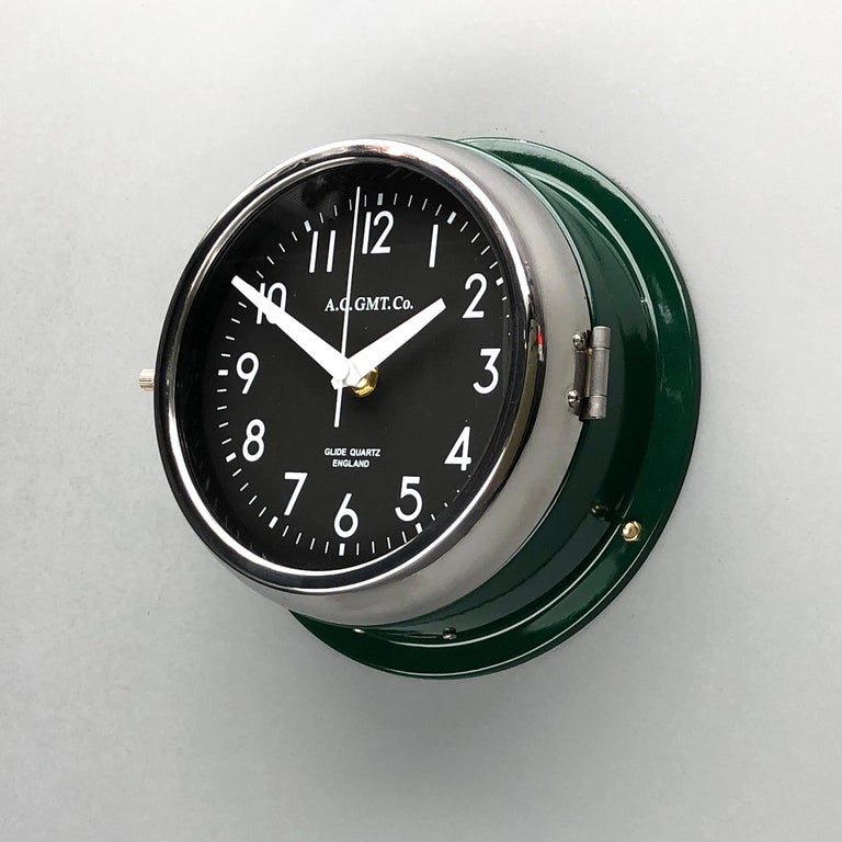 1970s British Racing Green AC.GMT.Co. Industrial Wall Clock Chrome ...