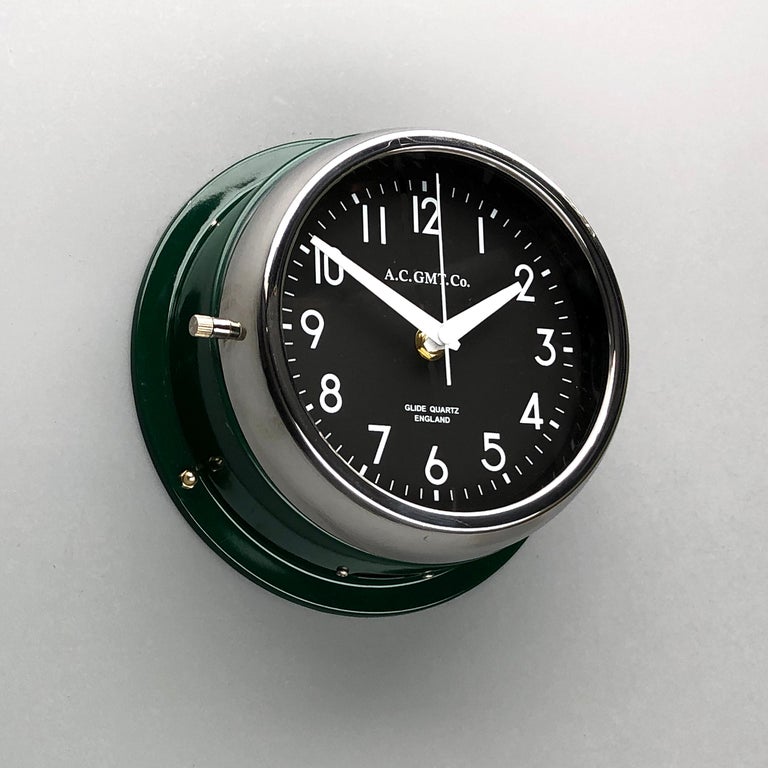 1970s British Racing Green AC.GMT.Co. Industrial Wall Clock Chrome ...