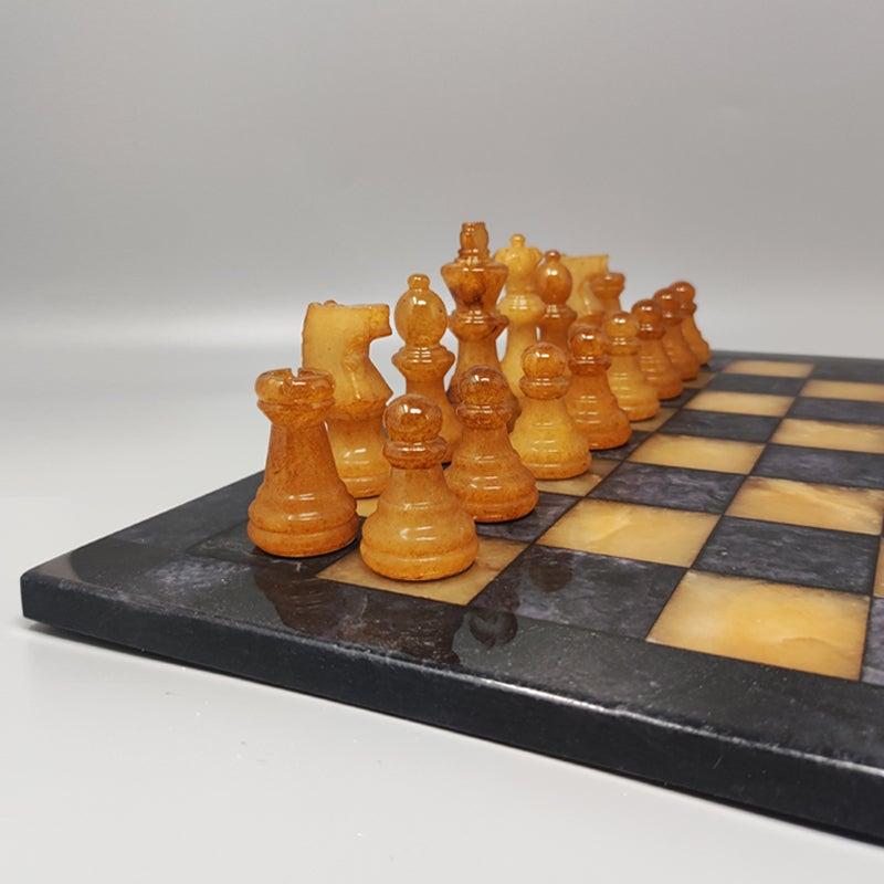 1970s Brown and Black Chess Set in Volterra Alabaster Handmade. Made in ...