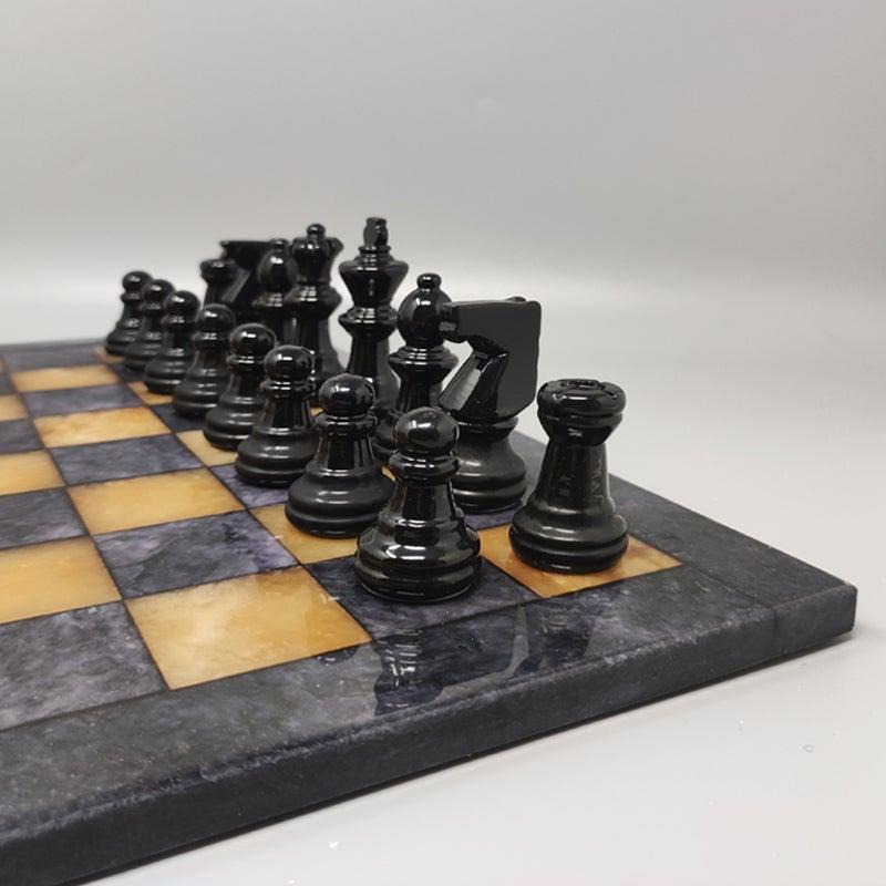 1970s Brown and Black Chess Set in Volterra Alabaster Handmade. Made in ...