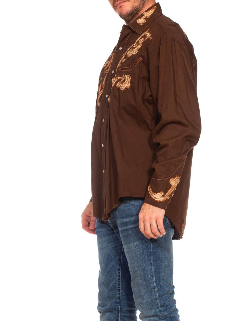 1970S Brown Cotton Embroidered Long Sleeve Men's Western Shirt For Sale ...