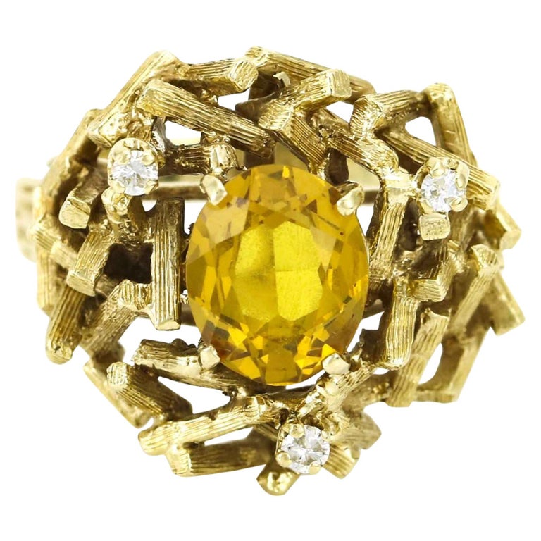 1970s Brutalist Ring with Citrine and Diamonds in Yellow Gold For Sale ...