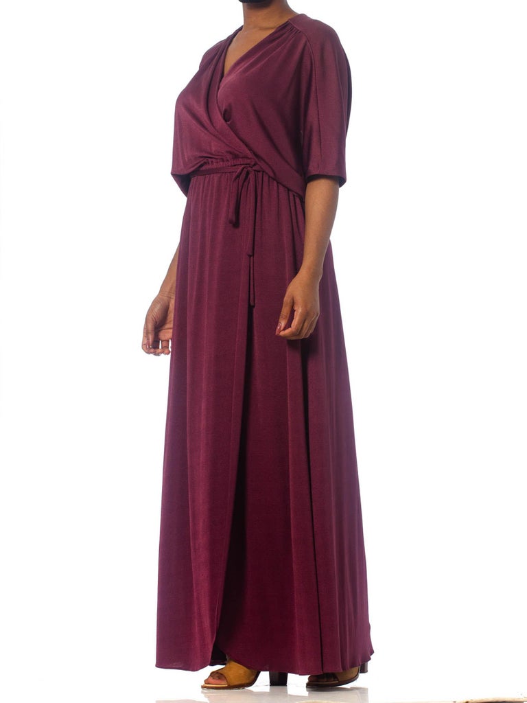 1970S Burgundy Polyester Jersey Maxi Wrap Dress With Sheer Lace Back ...