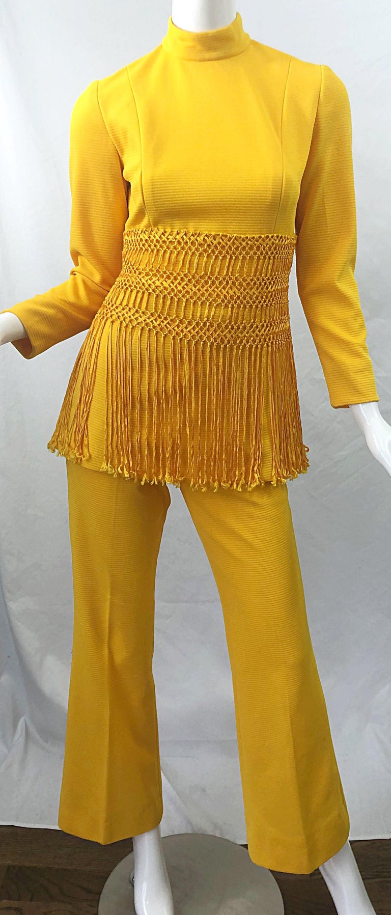 1970s Canary Yellow Fringe Vintage Knit Tunic Top + 70s Bell Bottom ...