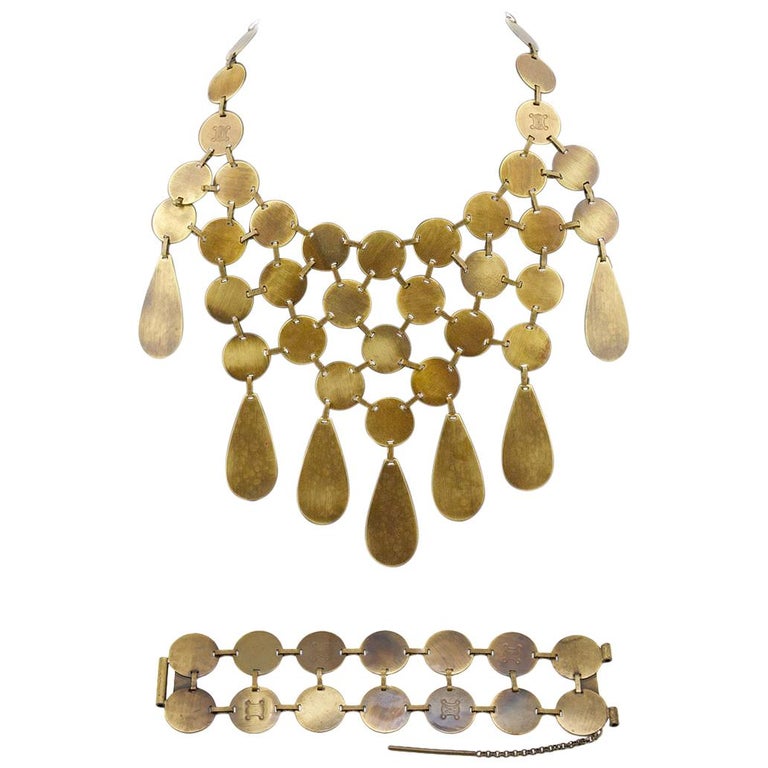 1970s Celine Bronzed Metal Coin Necklace and Bracelet Set at 1stDibs