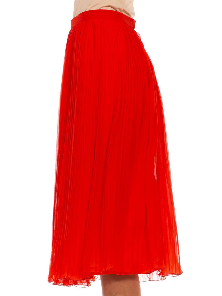 1970S CELINE Persimmon Silk Chiffon Micro Pleated Skirt For Sale at 1stDibs