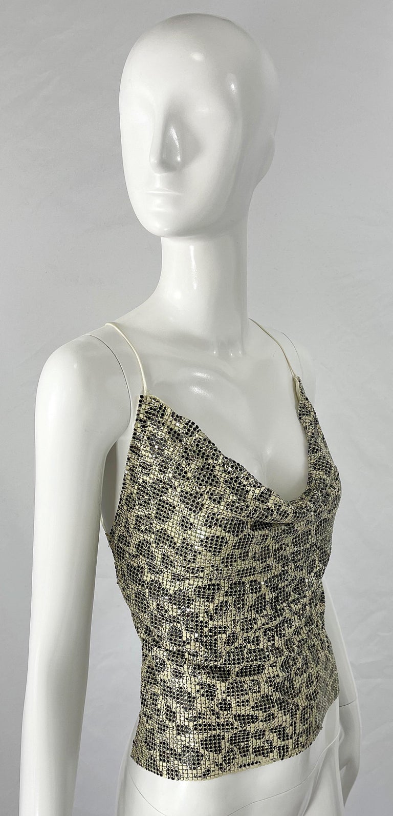 1990s Chainmail Black and White Leopard Animal Print Halter Top and ...