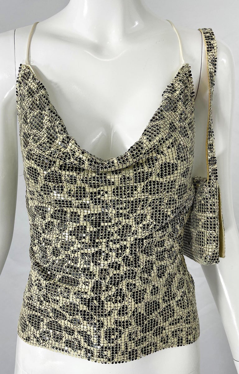 1990s Chainmail Black and White Leopard Animal Print Halter Top and ...