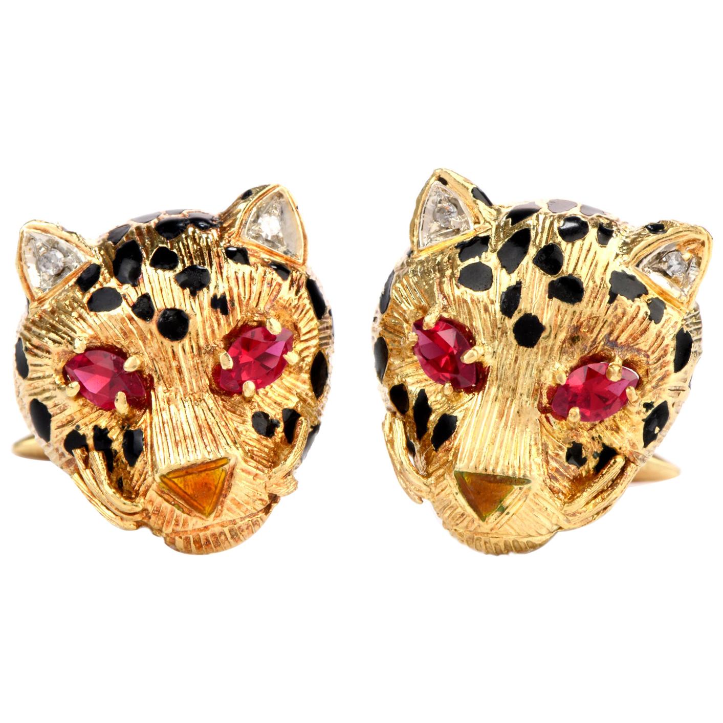 1970s Cheetah Diamond Ruby Enamel 18 Karat Cat Cufflinks For Sale at ...