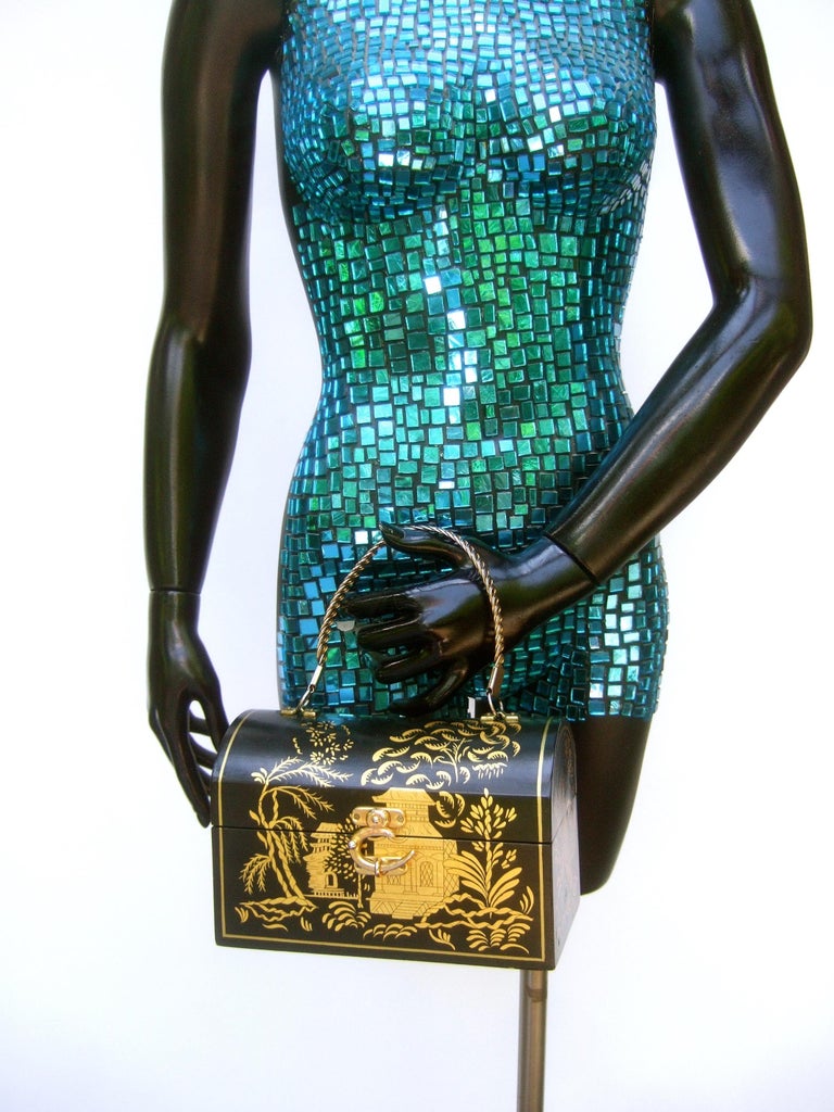 1970s Chinoiserie Black and Gold Hand Painted Wood Artisan Box Purse at ...