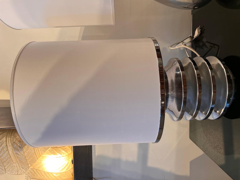 1970s Chromed Steel Cylinder Lampshade Table Lamp For Sale at 1stDibs