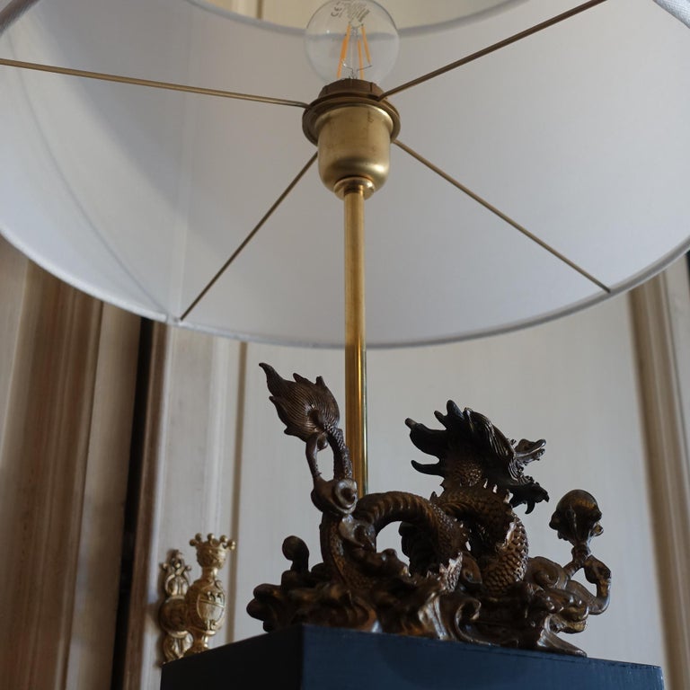 1970's Brass Chinese Dragon Table Lamp, Steel Details at 1stDibs