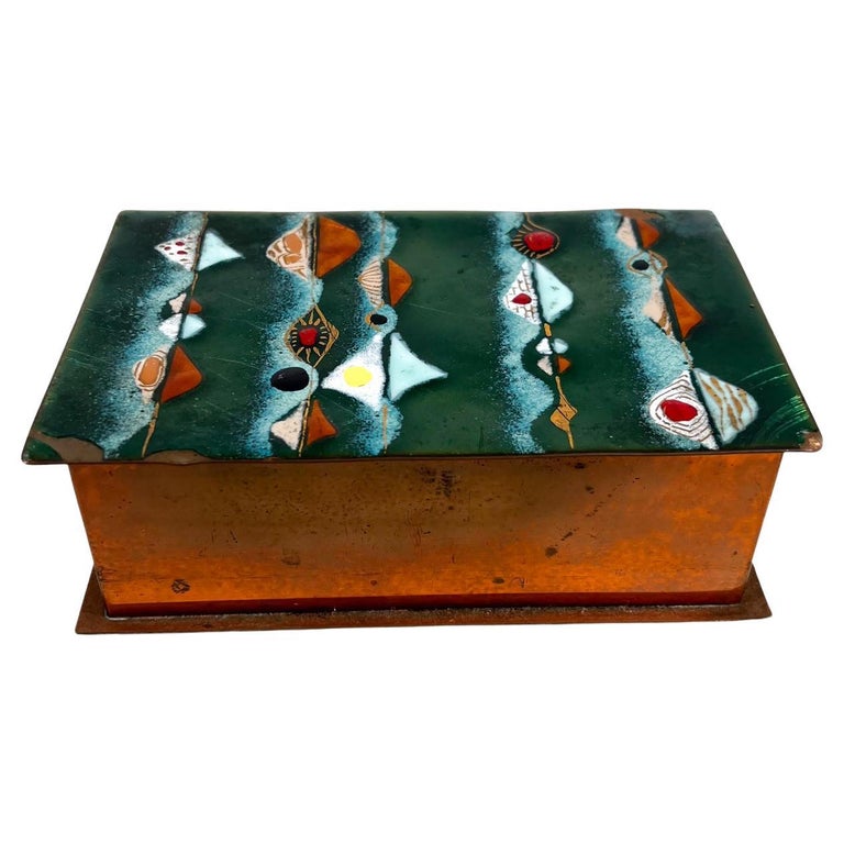 1970s Colorful Abstract Copper Enamel Trinket Box For Sale at 1stDibs
