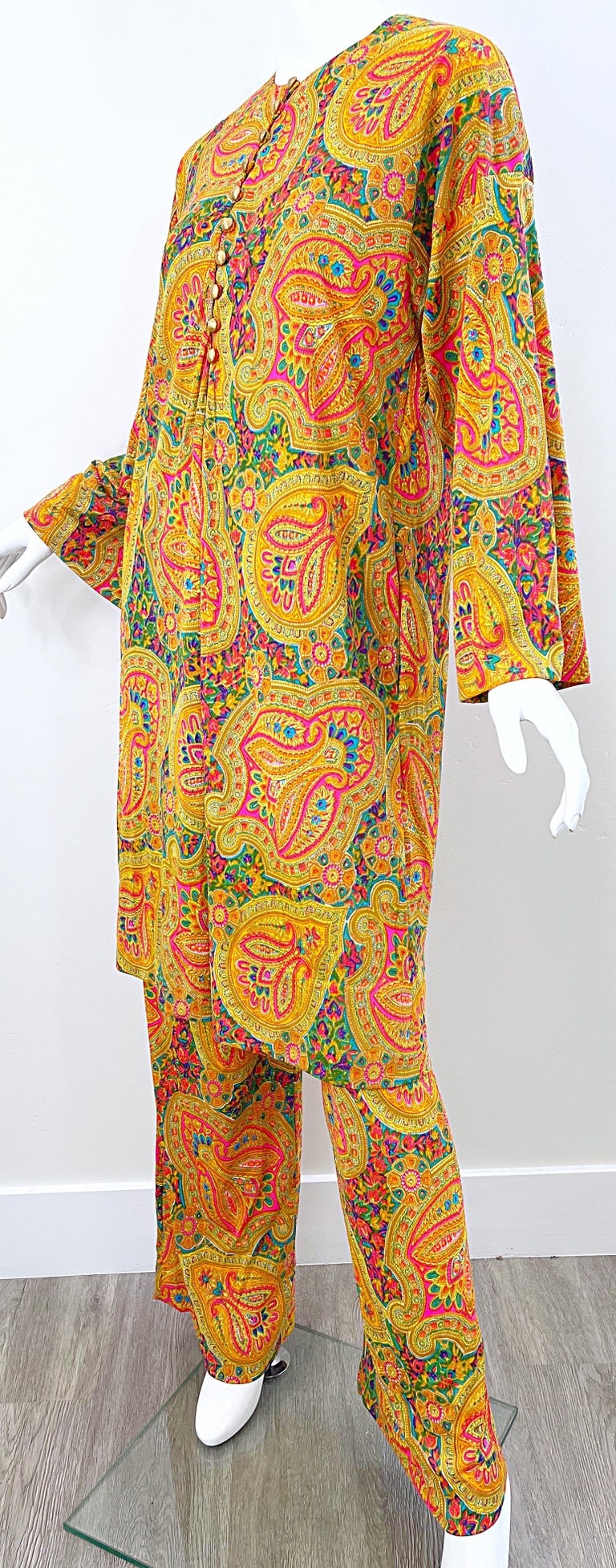 1970s Colorful Paisley Print Nylon Tunic Dress + Wide Leg Trousers ...
