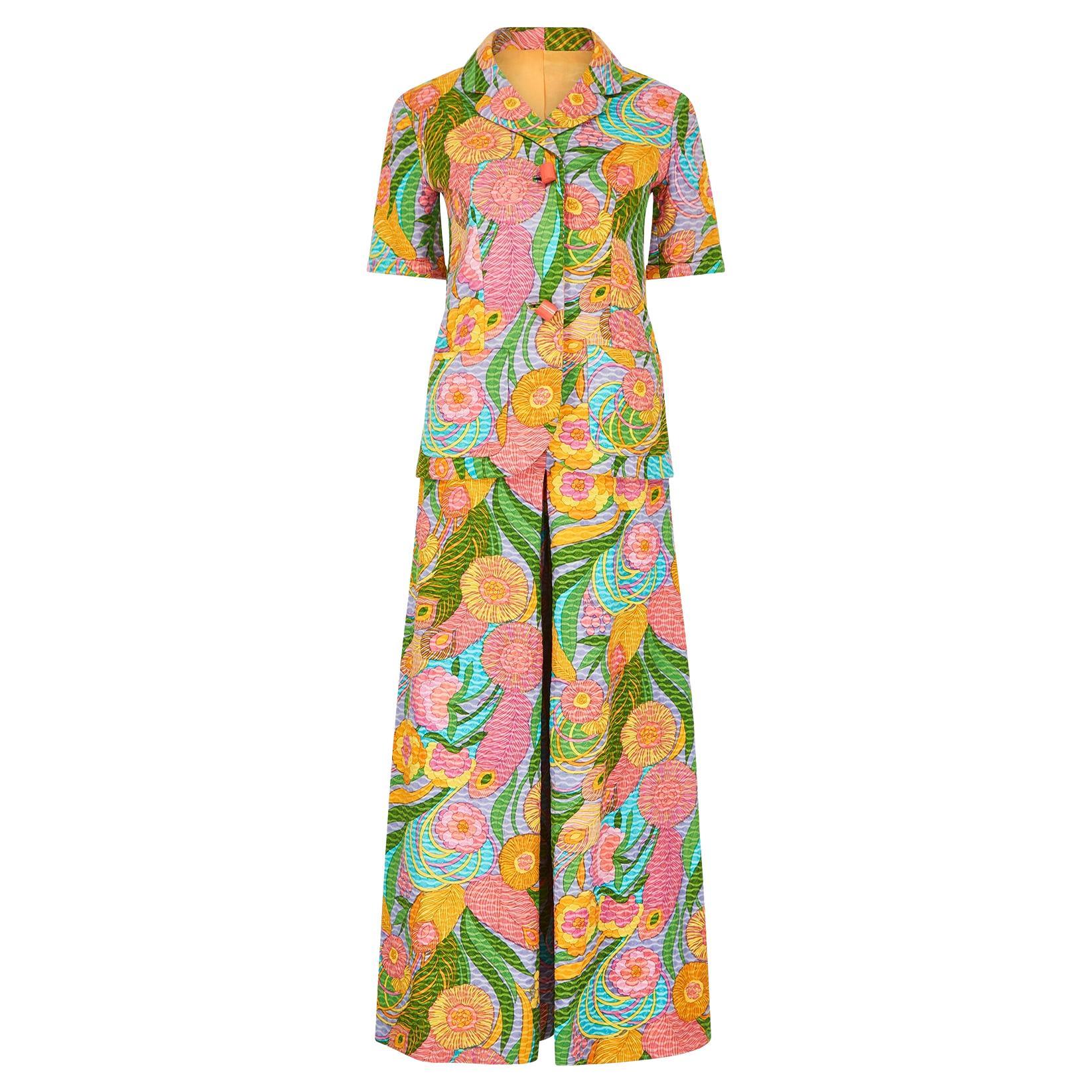 1970s Colourful Floral Print Trouser Suit in Waffle Cotton at 1stDibs