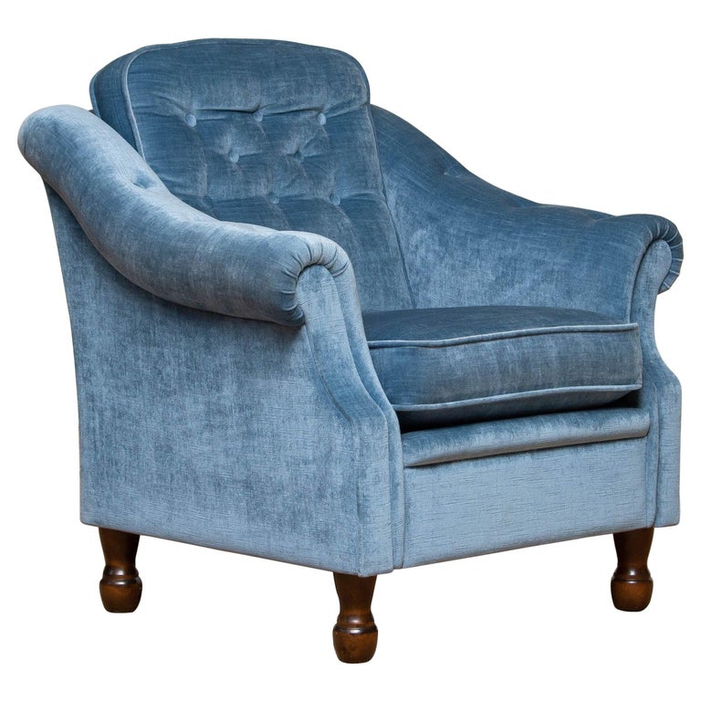 1970's Comfortable Hollywood Regency Lounge Chair with Ice Blue Velvet ...