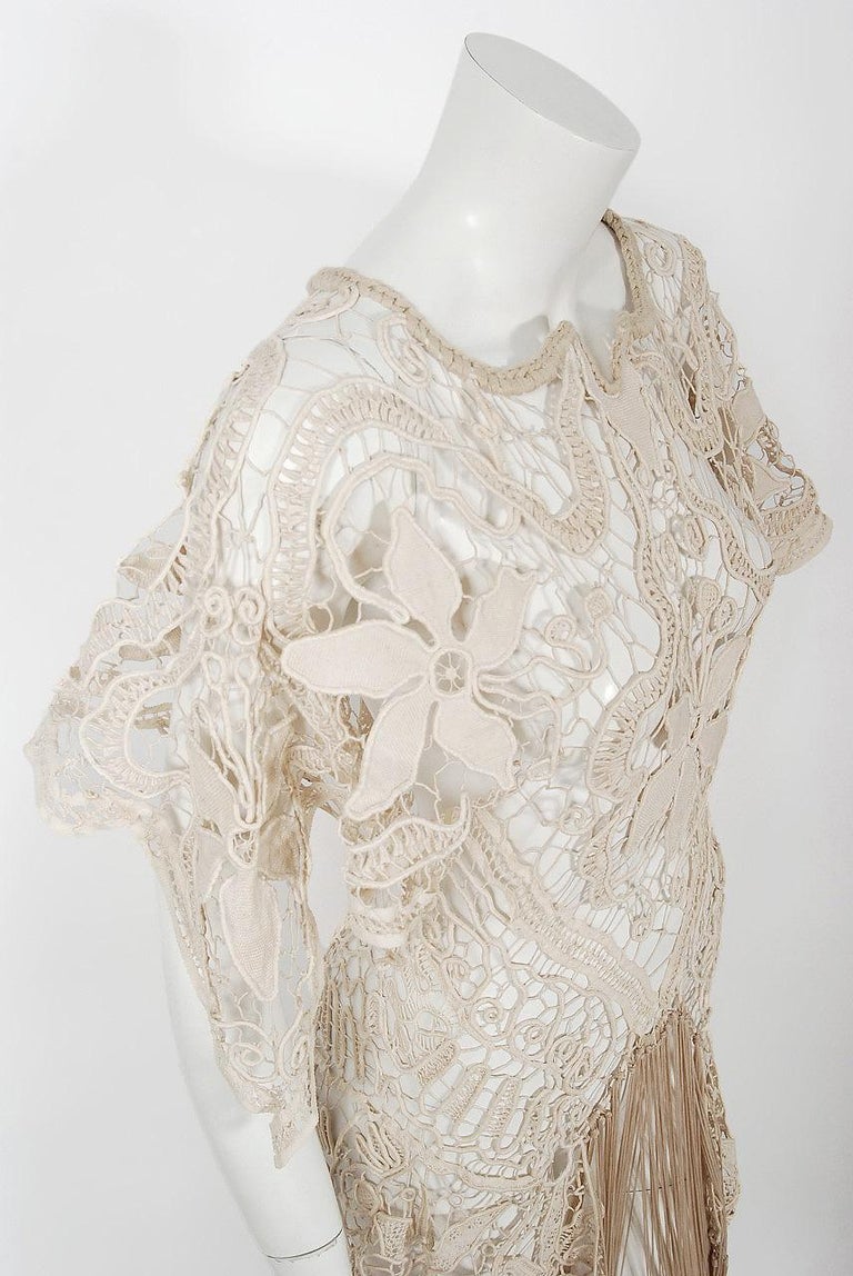 Vintage 1970's Couture Beige Lace Winged Sleeve Bias-Cut Fringe Bridal ...