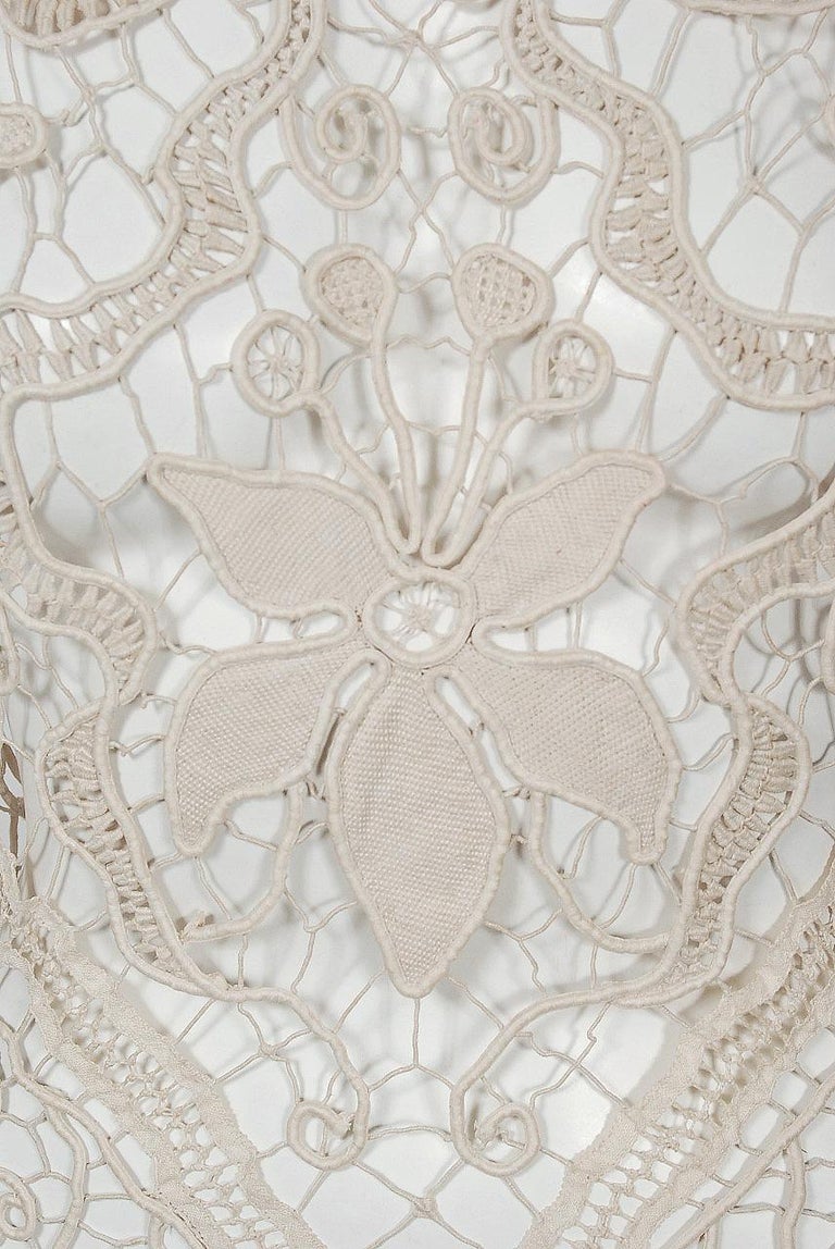 Vintage 1970's Couture Beige Lace Winged Sleeve Bias-Cut Fringe Bridal ...