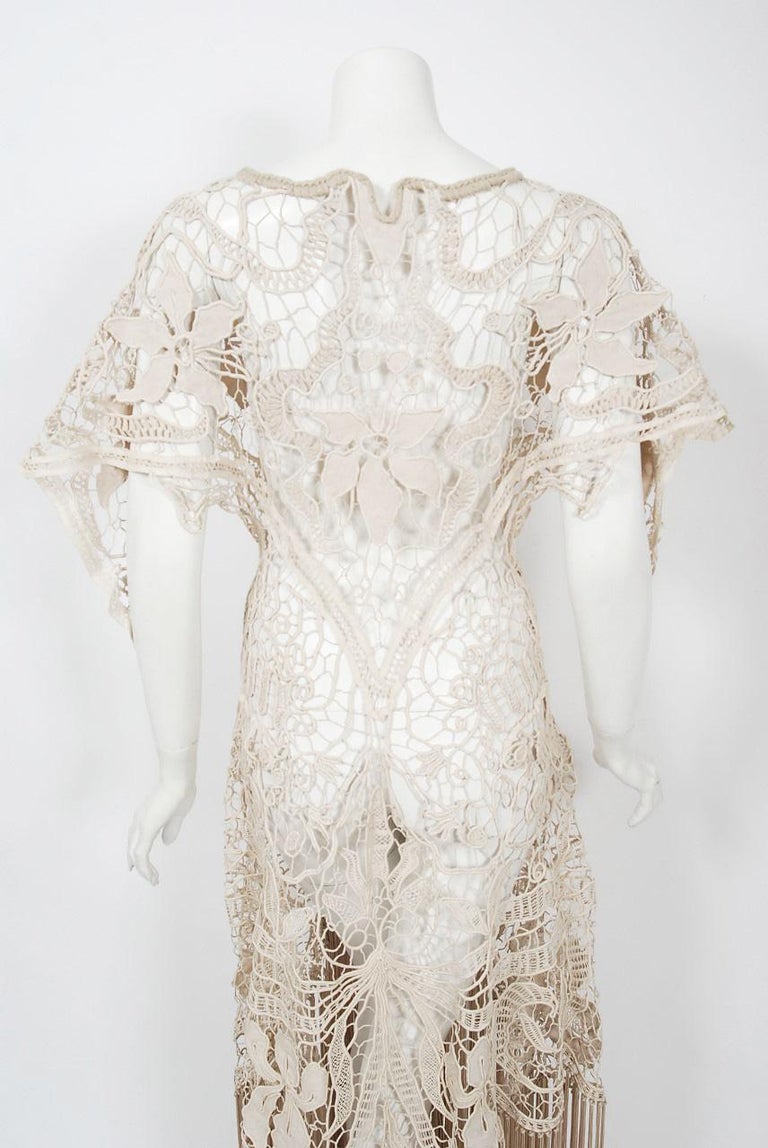 Vintage 1970's Couture Beige Lace Winged Sleeve Bias-Cut Fringe Bridal ...