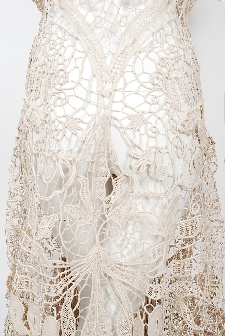 Vintage 1970's Couture Beige Lace Winged Sleeve Bias-Cut Fringe Bridal ...