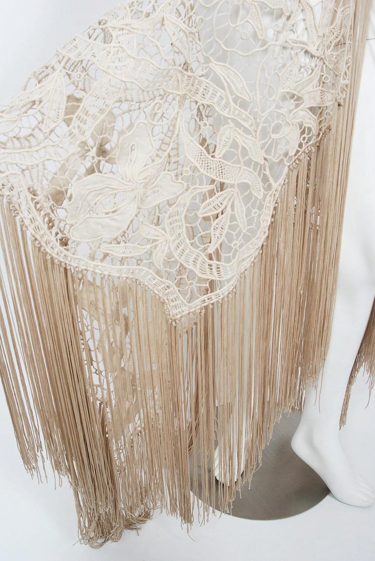 Vintage 1970's Couture Beige Lace Winged Sleeve Bias-Cut Fringe Bridal ...